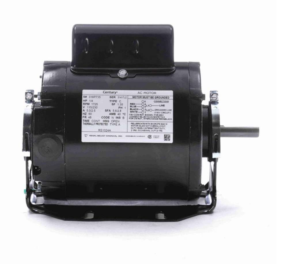 RS1024A Century 1/4 hp (1 speed) 115/230V 1800 RPM ODP 48 Frame Cap ...